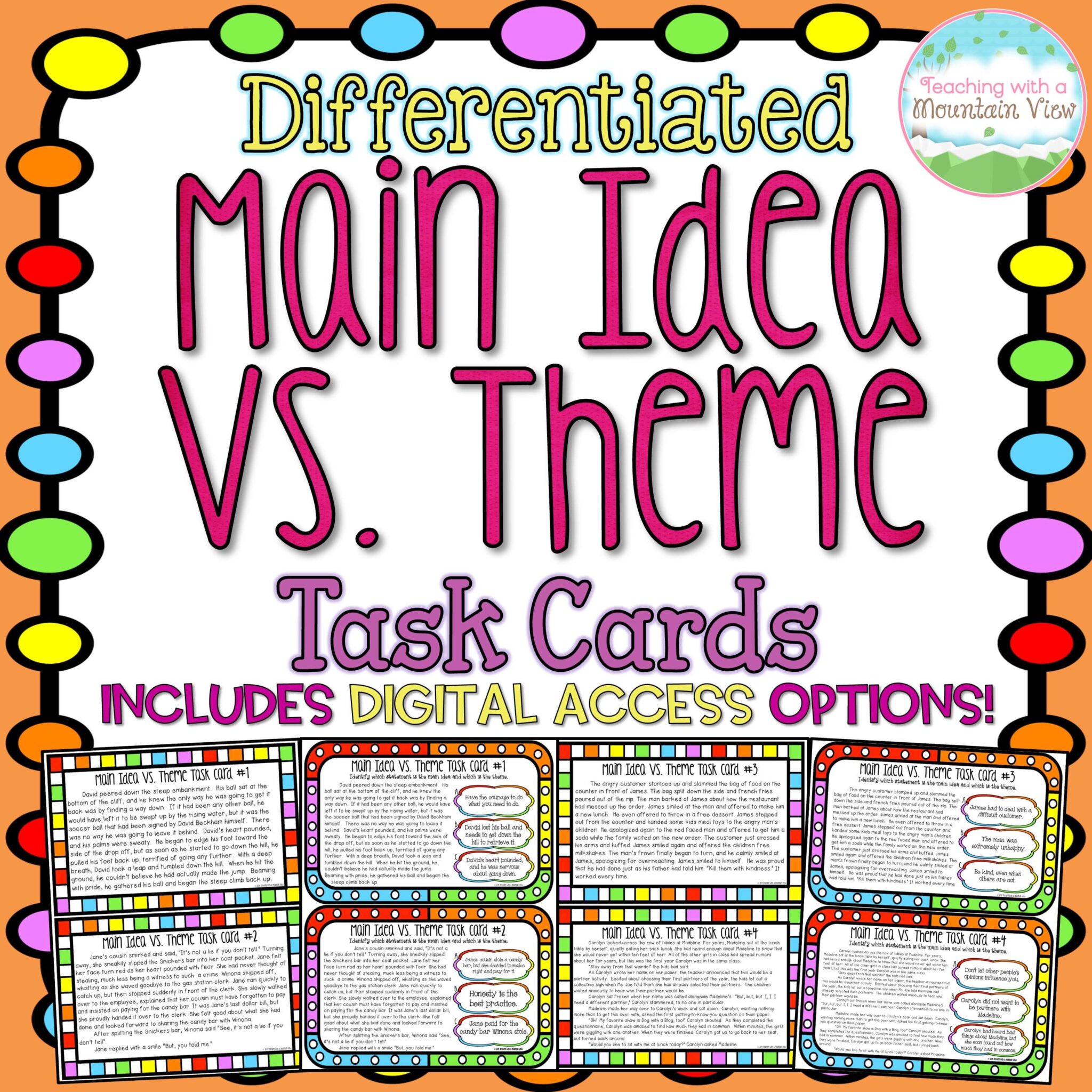 Main Idea vs. Theme | Task Cards - Teaching with a Mountain View