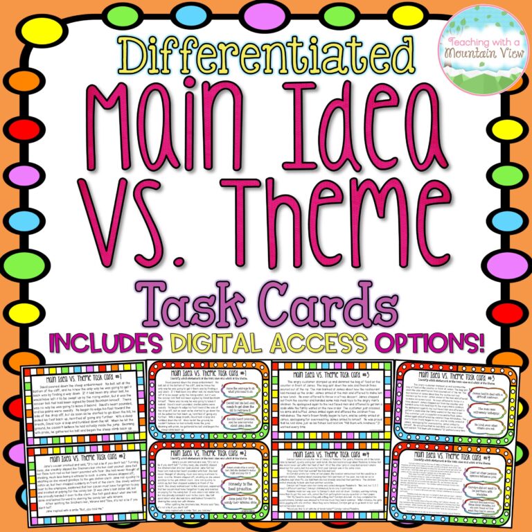 Main Idea vs. Theme | Task Cards - Teaching with a Mountain View