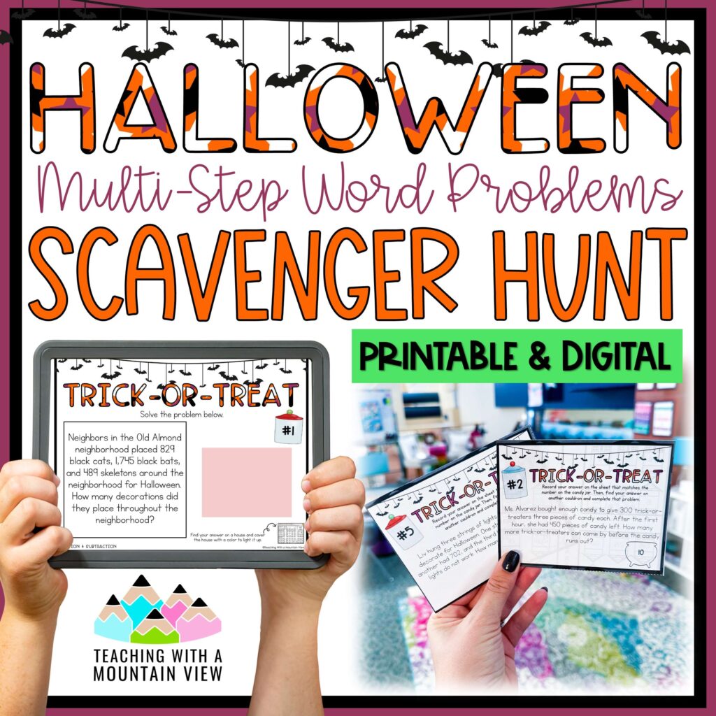 Halloween Math Multi-Step Word Problem Scavenger Hunt - Teaching with a ...