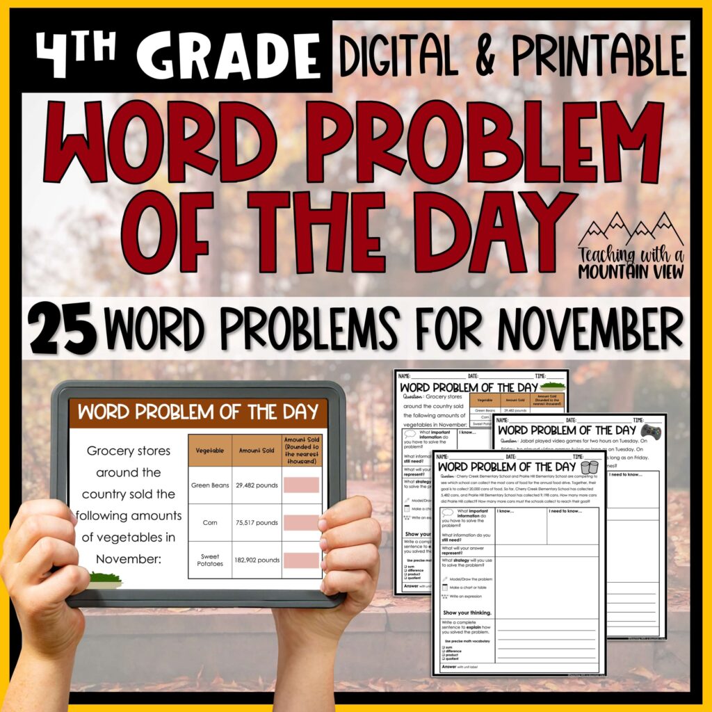 Math Word Problem of the Day | 4th Grade November - Teaching with a ...