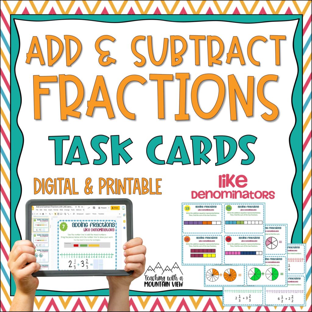 Adding & Subtracting Fractions LIKE denominators Task Cards - Teaching ...